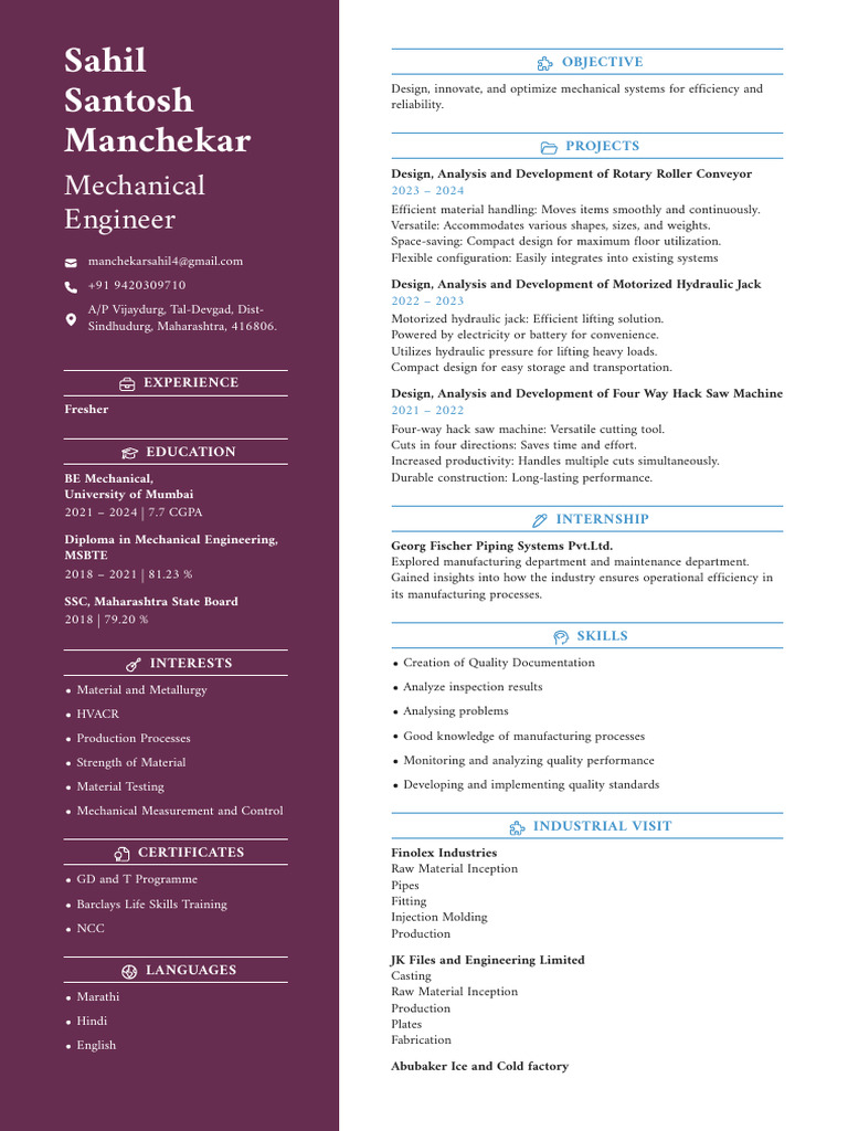 Sahil Santosh Manchekar - Resume - Apna | PDF | Mechanical Engineering | Secondary Sector Of The ...