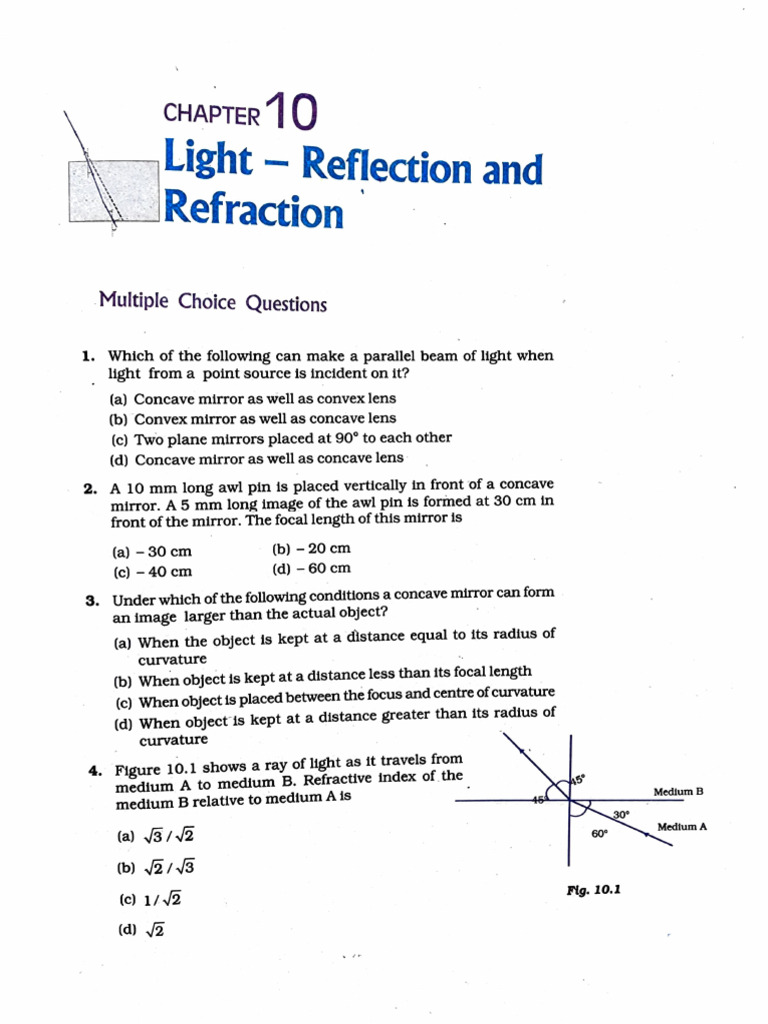 Class 10 Physics MCQs on Light | PDF | Mirror | Light