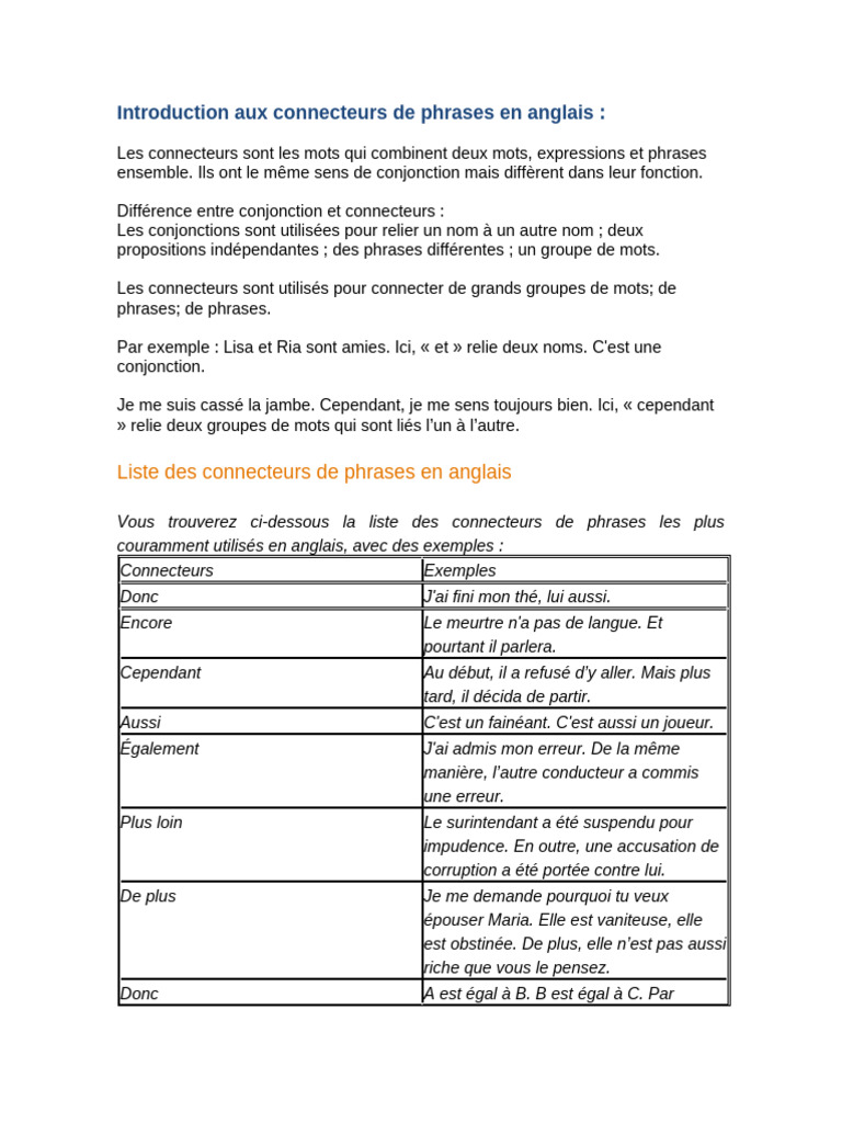 Connecteurs de phrases en anglais : guide complet | PDF | Syntaxe ...