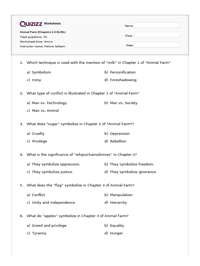 Animal Farm Quiz: Chapters 1-3 | PDF