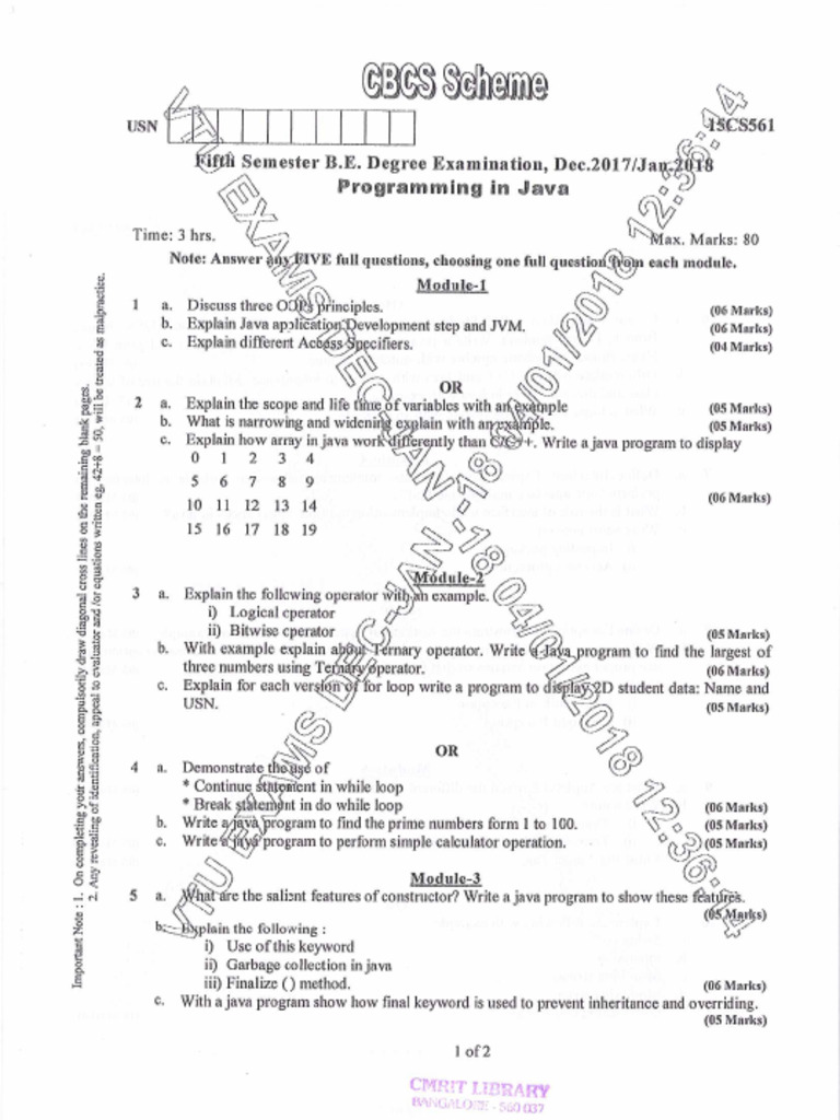 VTU question paper of 15CS561 Programming In Java Dec-2017 | PDF
