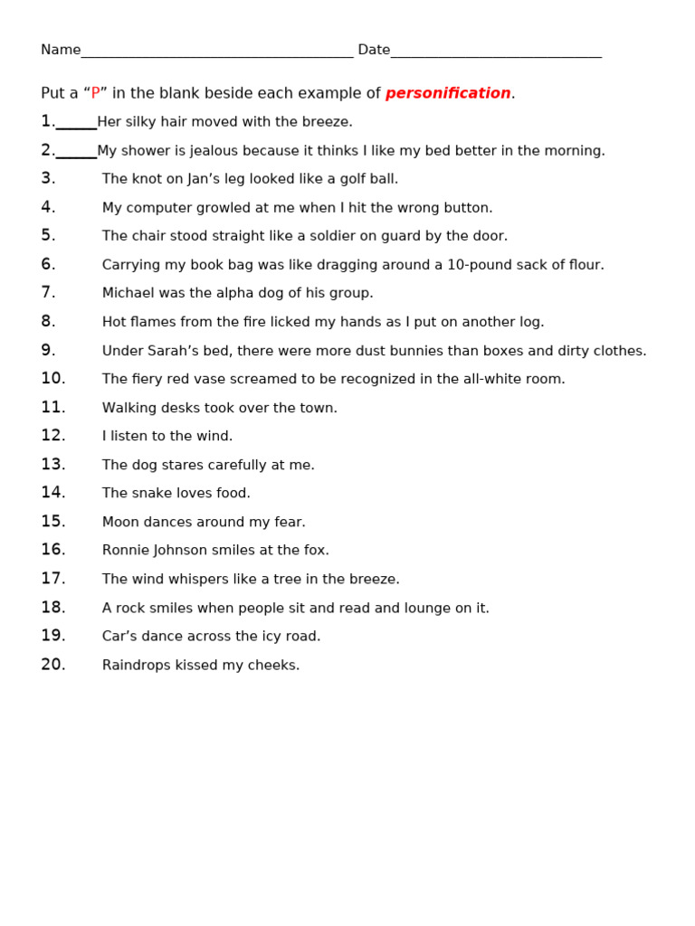 Figurative Language Personification Practice | PDF