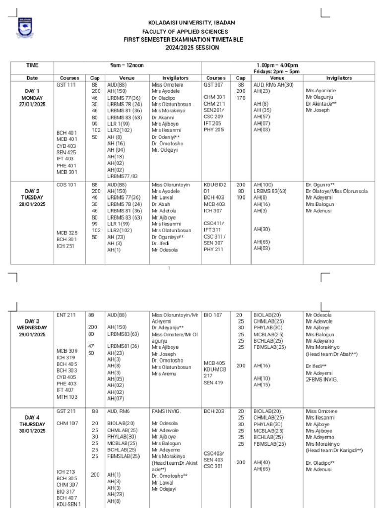 FINAL FIRST SEMESTER EXAM TIMETABLE - 2024-2025 - Phoenix | PDF