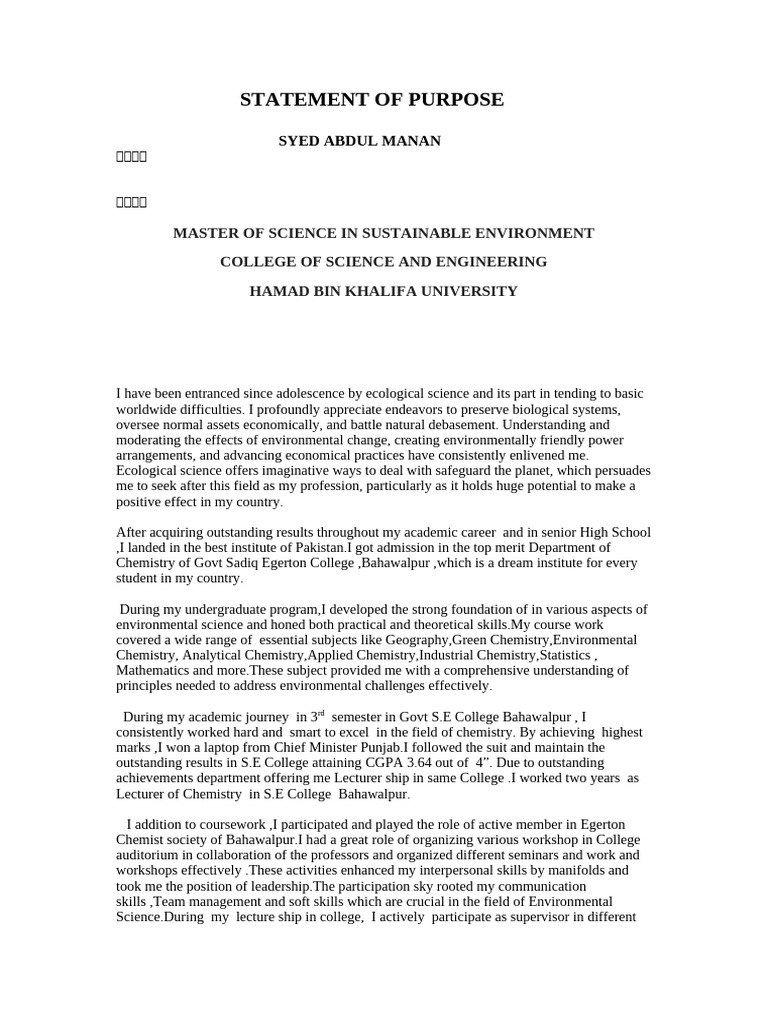 Statement of Purpose | PDF | Sustainability | Science