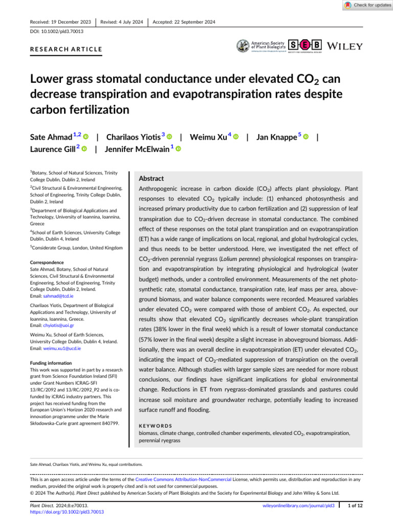 Lower Grass Stomatal Conductance Under Elevated Co2 Can Decrease 9941