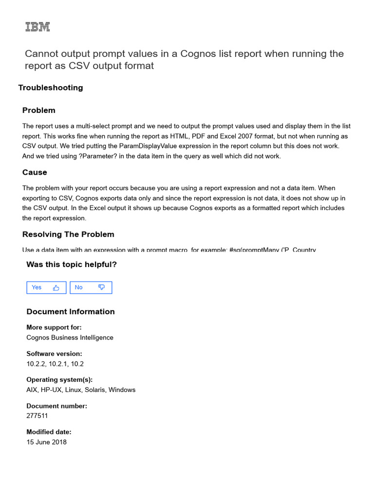 Cannot Output Prompt Values in A Cognos List Report When Running The Report As CSV Output Format ...