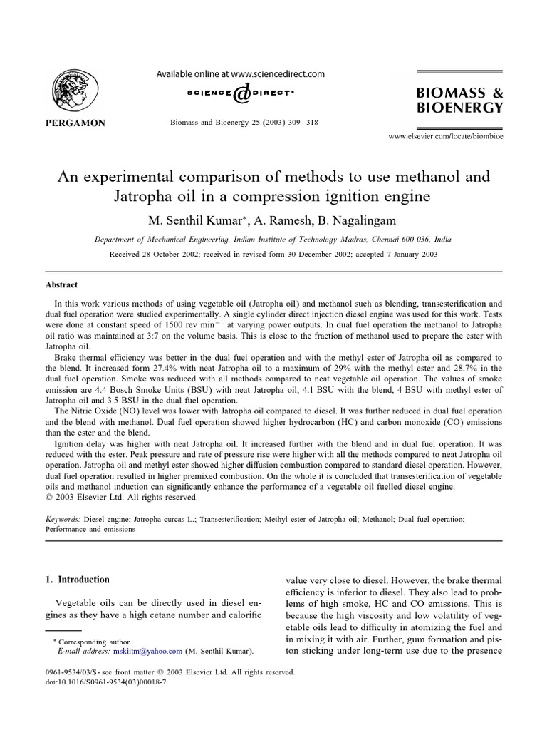 An experimental comparison of methods to use methanol and Jatropha oil ... An experimental comparison of methods to use methanol and Jatropha oil ...