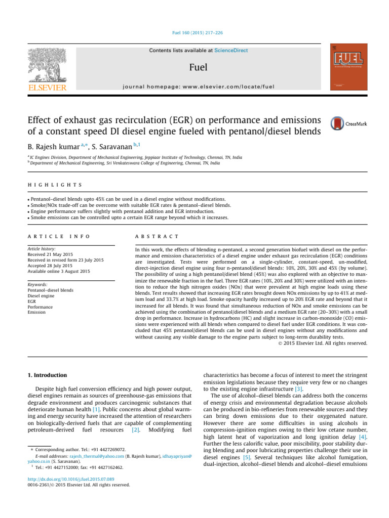Effect of exhaust gas recirculation (EGR) on performance and emissions of a constant speed DI ...