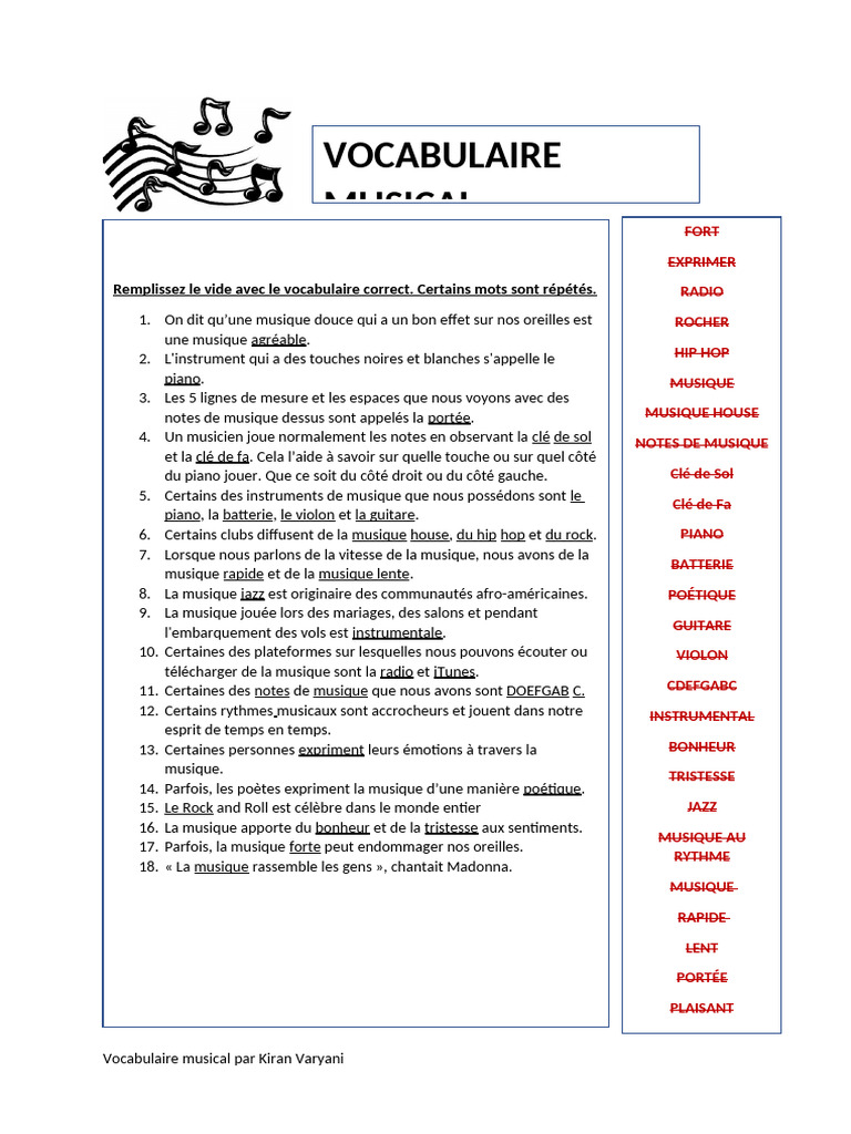 Vocabulaire Musical Essentiel et Instruments | PDF | Guitares | Musique ...