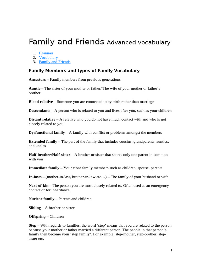 Family and Friends Vocabulary Guide | PDF | Family | Parent