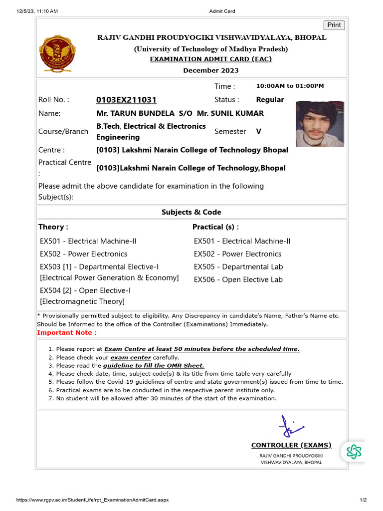 Admit Card 5th Sem Tarun | PDF | Qualifications