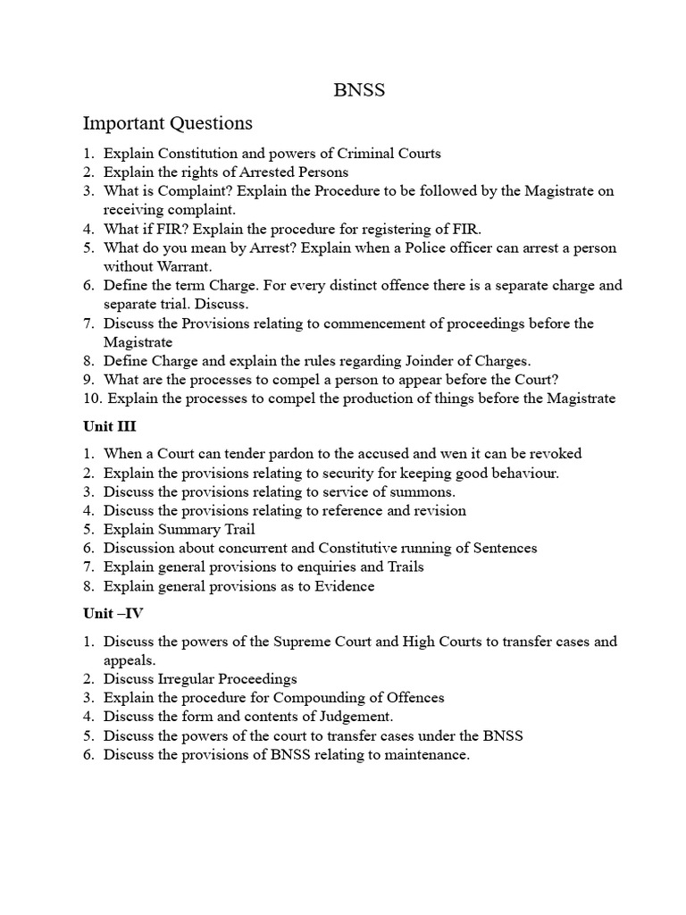 Important Questions - BNSS | PDF