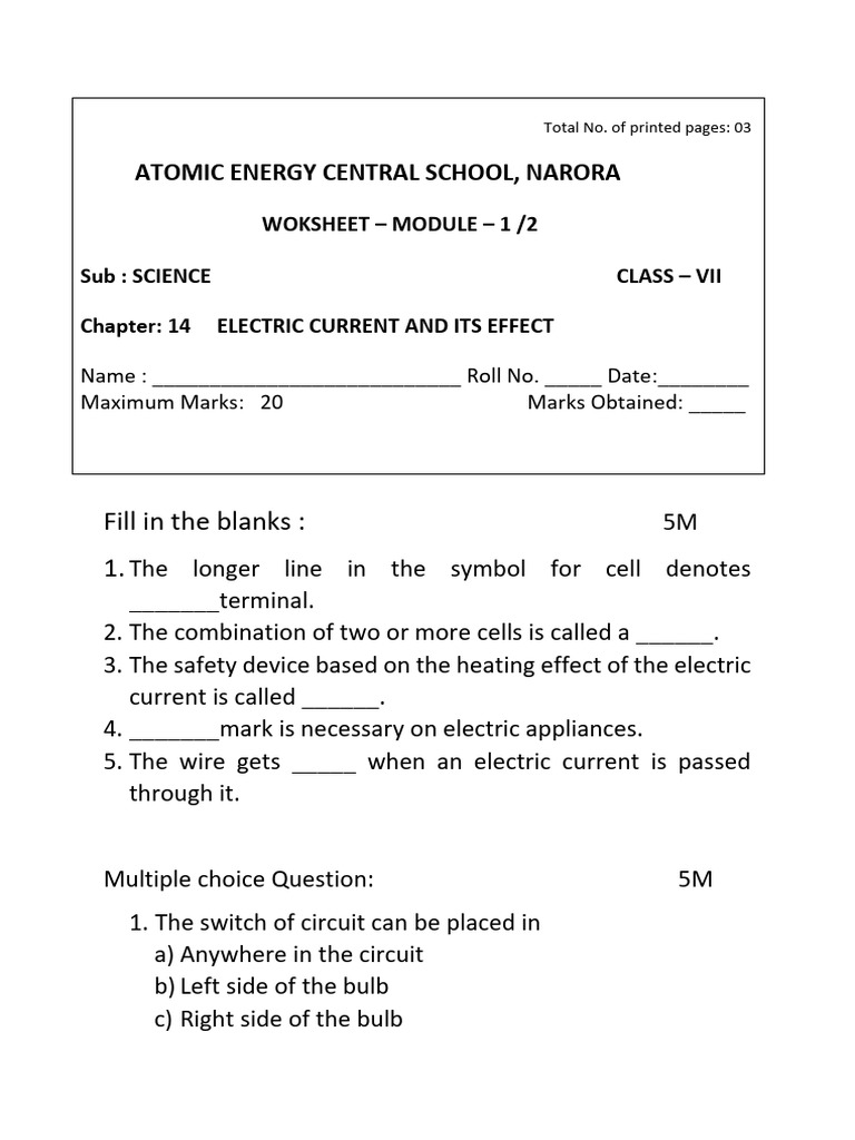 Vii Sci L14 M01 Electric Current Worksheet | PDF