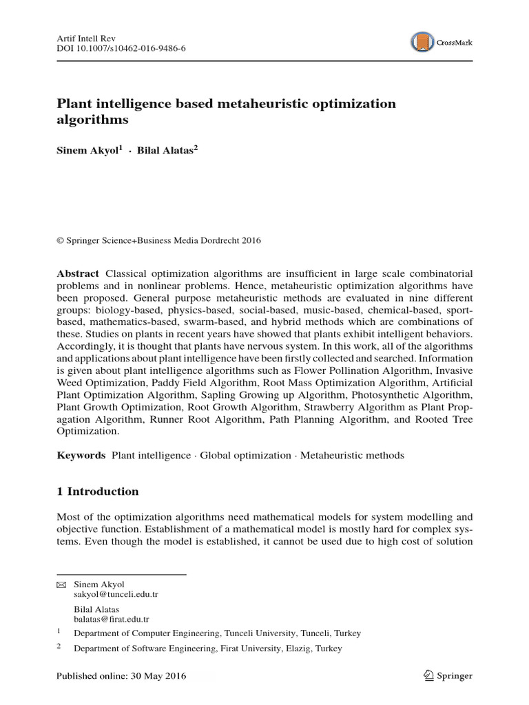 Plant Intelligence Based Metaheuristic Optimization Algorithms | PDF | Pollination | Metaheuristic