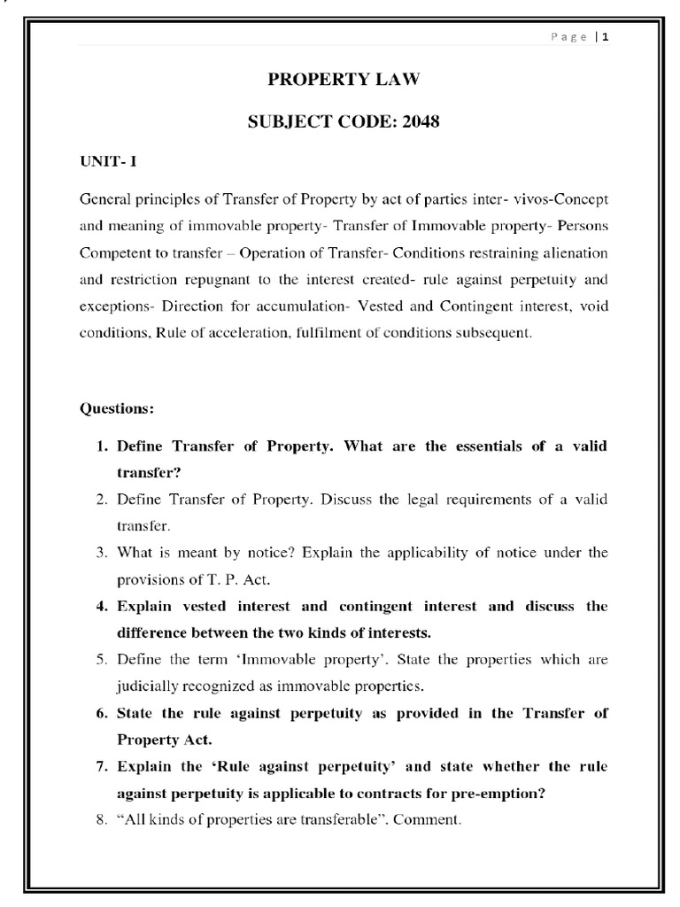 Property Law Important Questions Arya | PDF