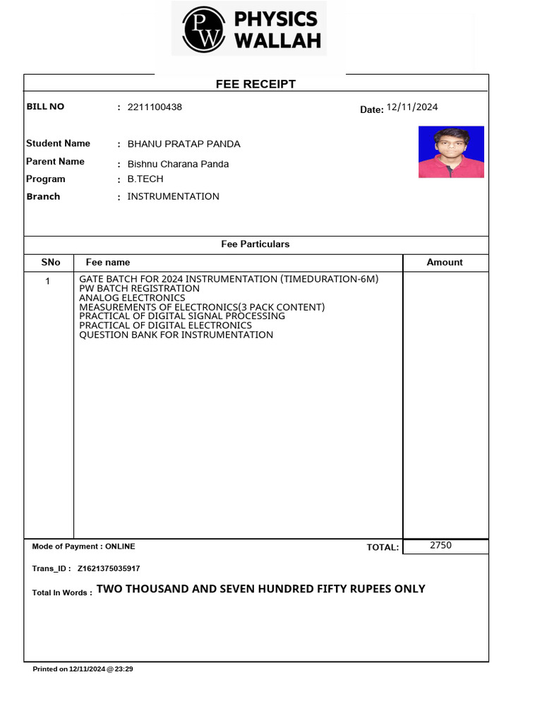 PW Fee Receipt for B.Tech Program | PDF