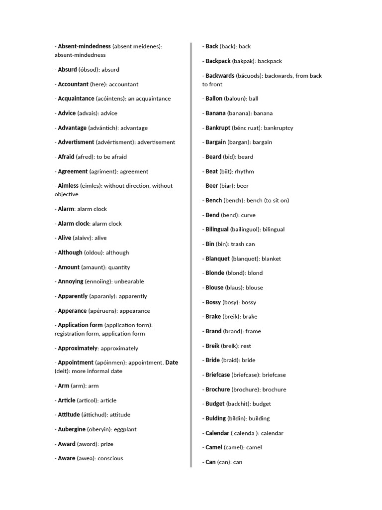 Intermediate English Vocabulary List | PDF