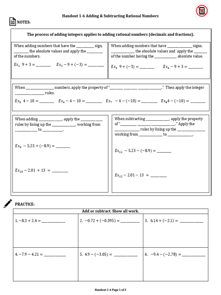 Handout 1-6 Adding & Subtracting Rational Numbers | PDF | Subtraction ...