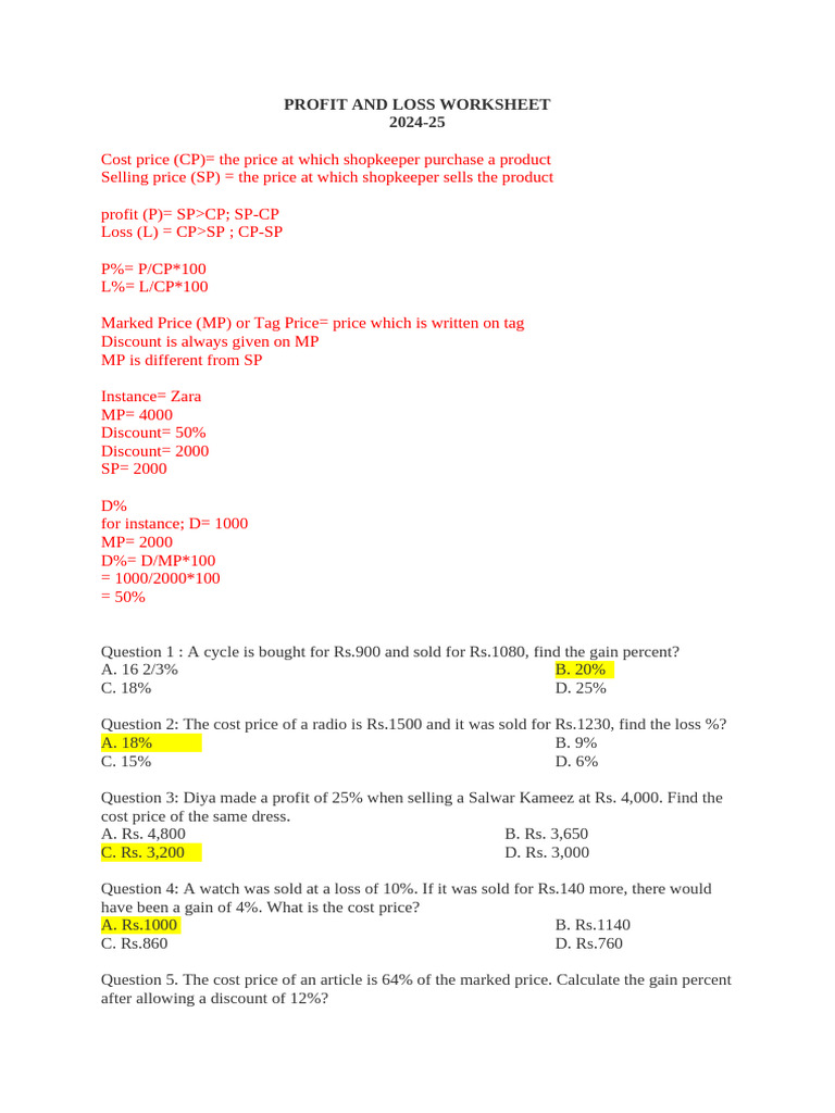 Profit and Loss Worksheet 20-21 | PDF | Prices | Percentage