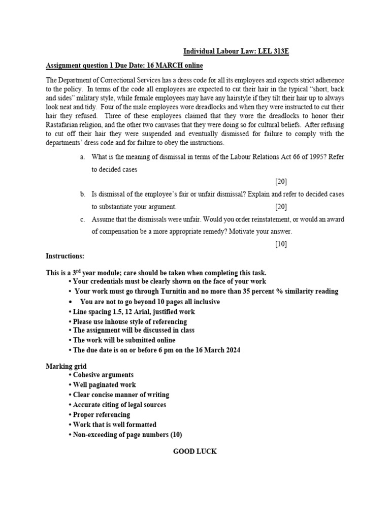 Individual Labour Law Assignment 1 2024 | PDF | Justice | Crime & Violence