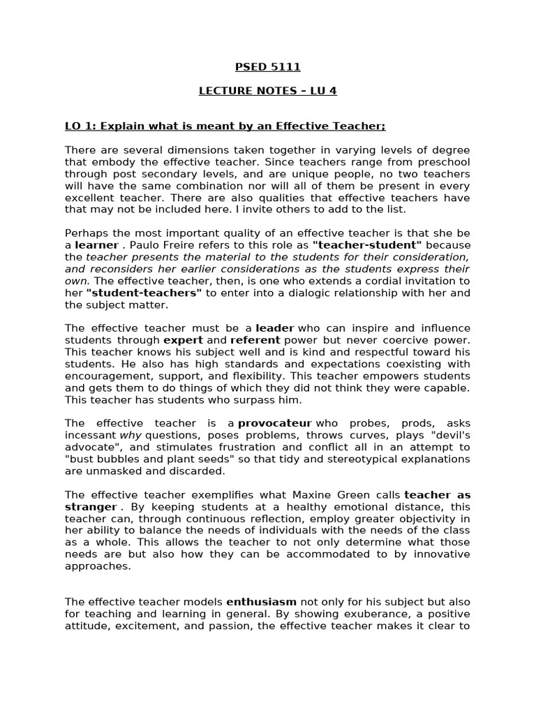 Psed 5111 - Lecture Notes - Lu 4 | PDF | Teachers | Learning