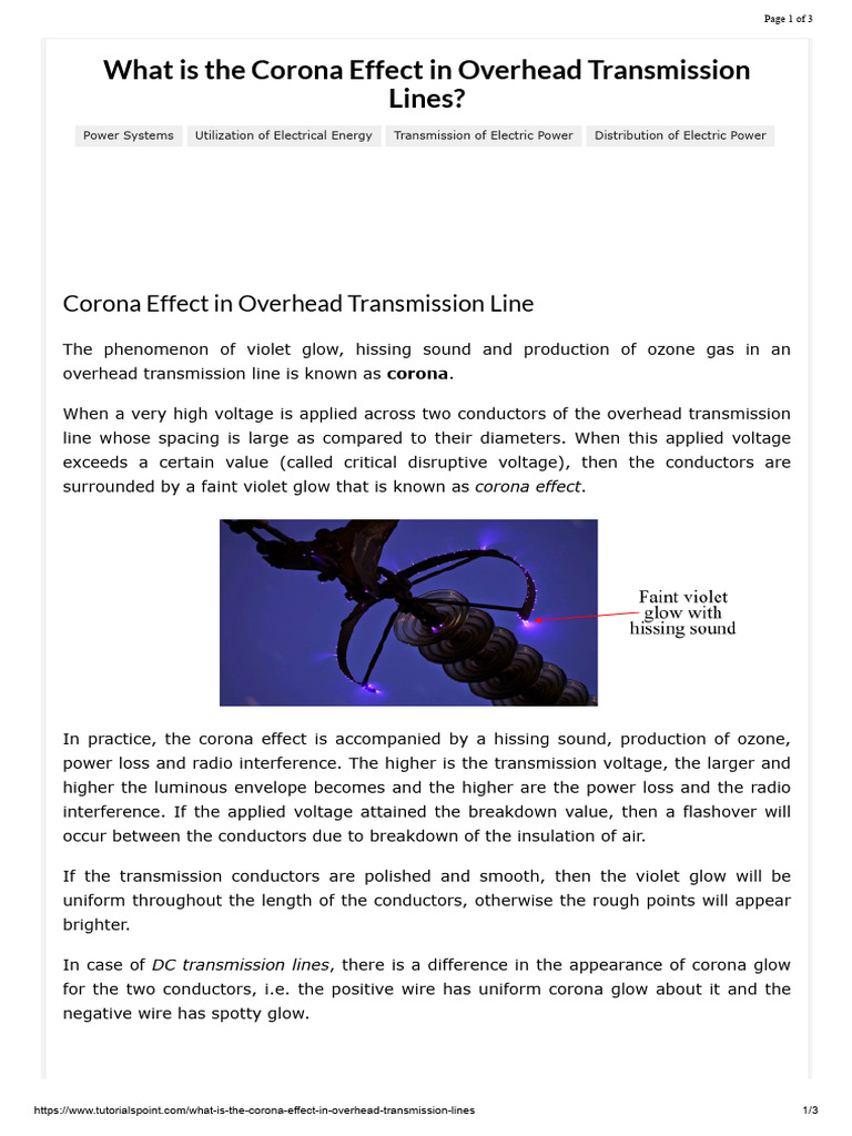 Understanding Corona Effect in Transmission Lines | PDF | Electric ...