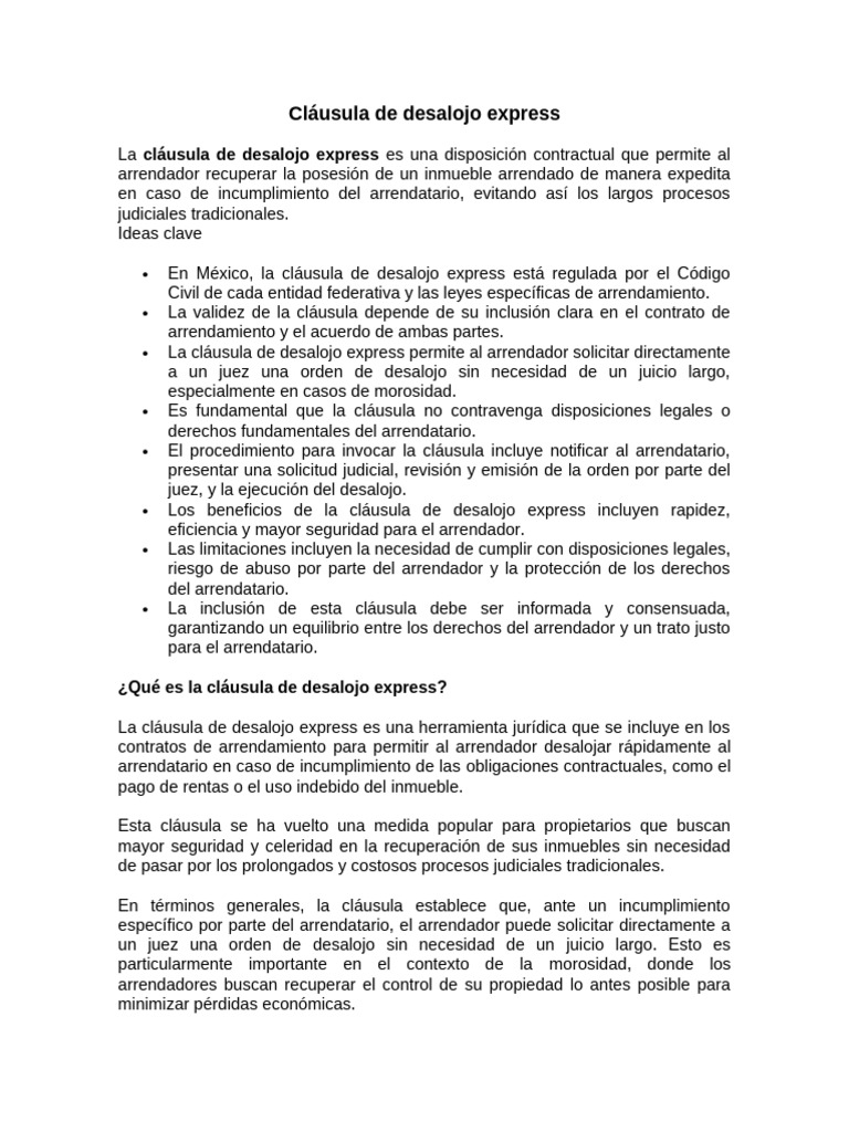 Cláusula de Desalojo Express en Arrendamientos | PDF | Justicia ...
