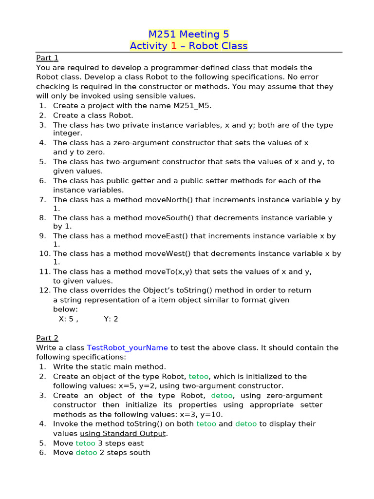 M251 Meeting 5 Activities | PDF | Class (Computer Programming) | Method (Computer Programming)