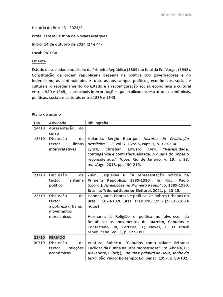 Plano_de_Ensino_3_-_Hist._Brasil_3_2024-2 | PDF | Brasil | República
