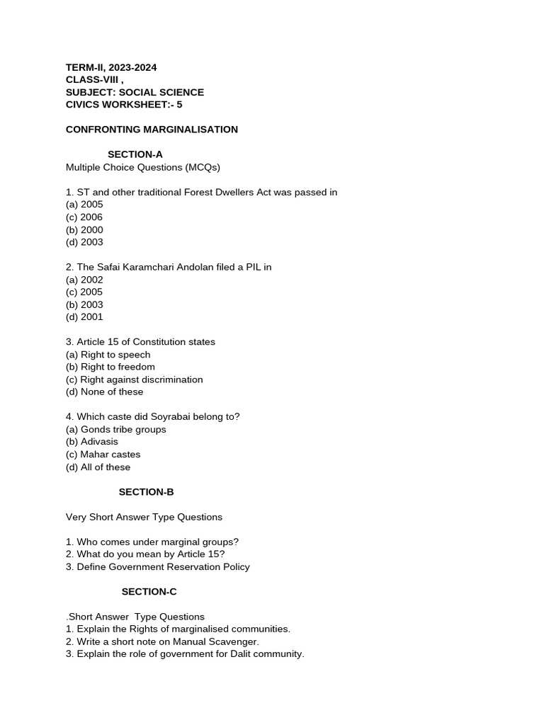 Class VIII Civics Worksheet on Marginalisation | PDF