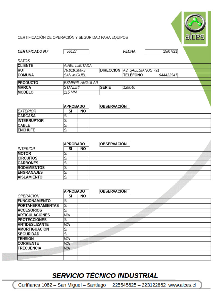 Certificación de Seguridad Esmeril Stanley | PDF
