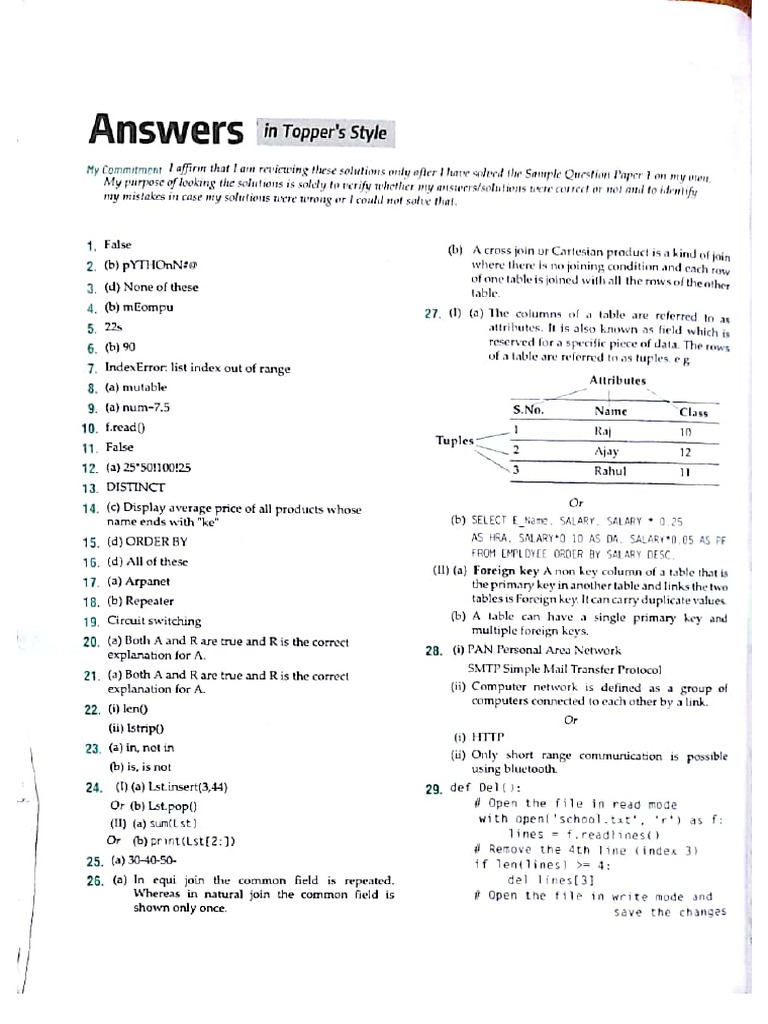 Computer Science Sample Paper 1 Solution | PDF