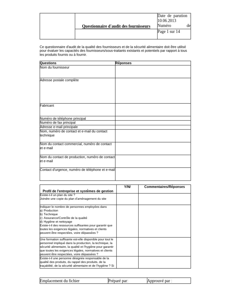 Audit qualité des fournisseurs alimentaires | PDF | Analyse des dangers ...
