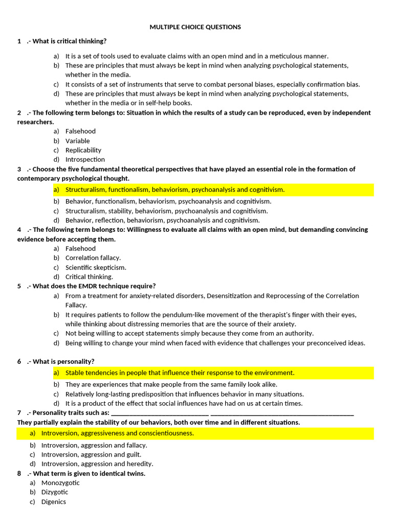 Multiple Choice Questions | PDF | Psychology | Thought