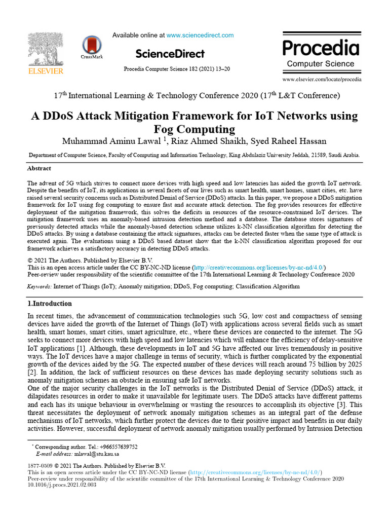 A DDoS Attack Mitigation Framework for IoT Networks using Fog Computing | PDF | Internet Of ...