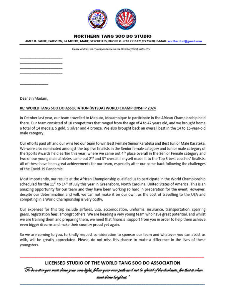 Sponsorship Letters World Championship 2024 | PDF | East Asian Martial Arts