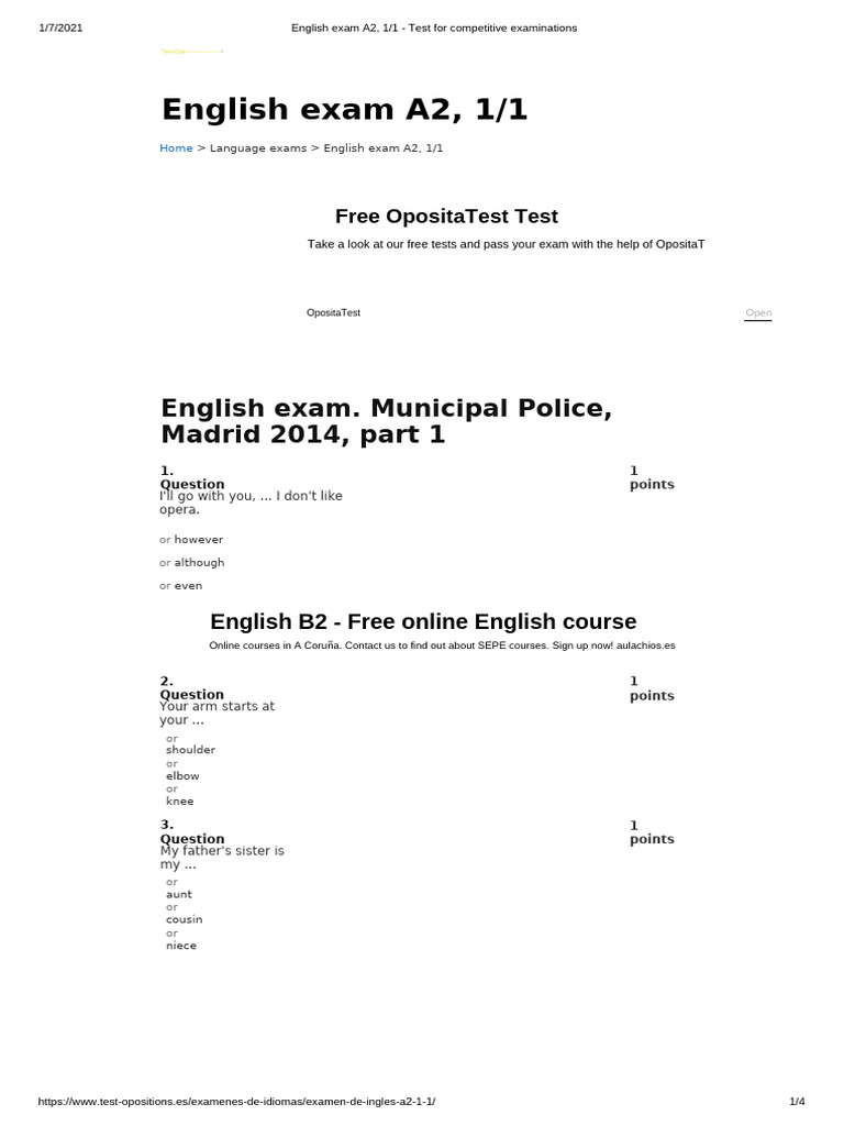 English A2 Exam, 1 - 1 - Opposition Test | PDF | Evaluation Methods ...