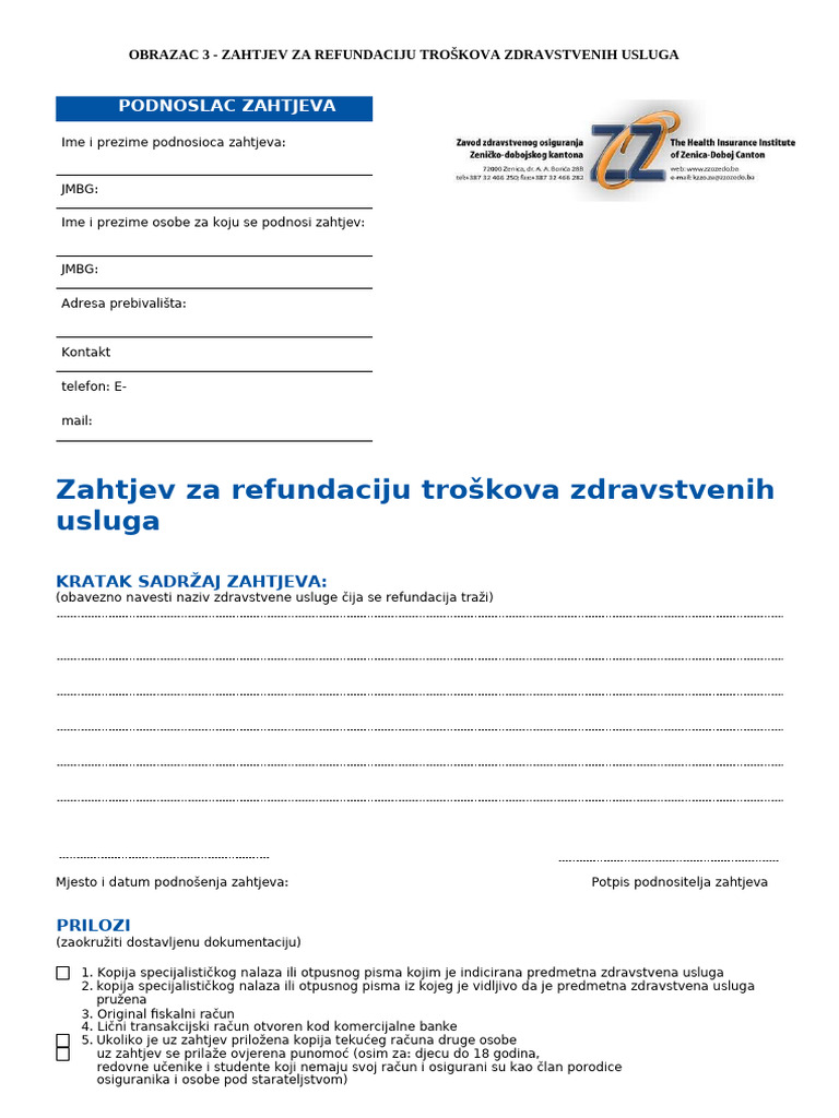 Obrazac 3 - Zahtjev-Za-Refundaciju Troškova Zdravstvenih Usluga | PDF