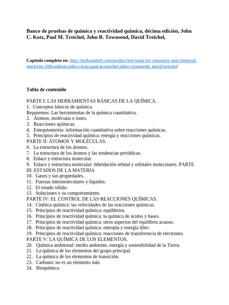 Banco de Pruebas para Química y Reactividad Química 10 Edición John C ...