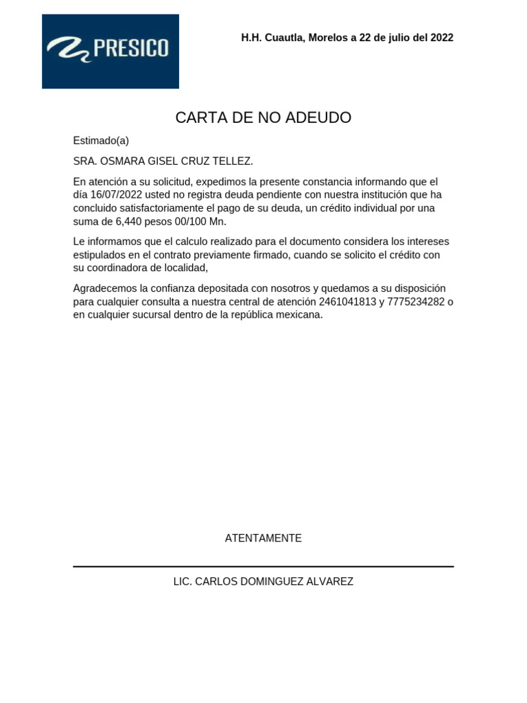 Carta de No Adeudo | PDF