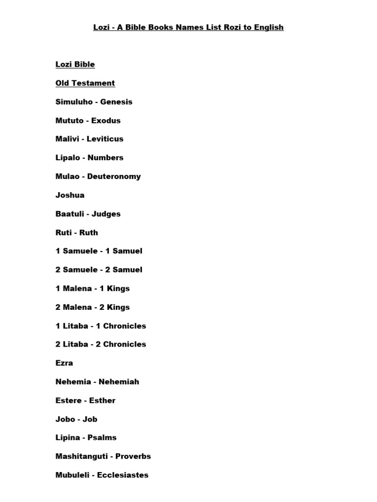 Lozi - A Bible Books Names List Rozi To English | PDF
