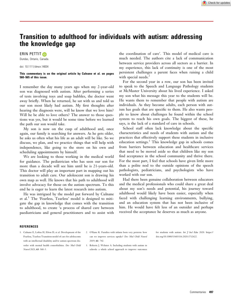 Transition to adulthood for individuals with autism - addressing the ...