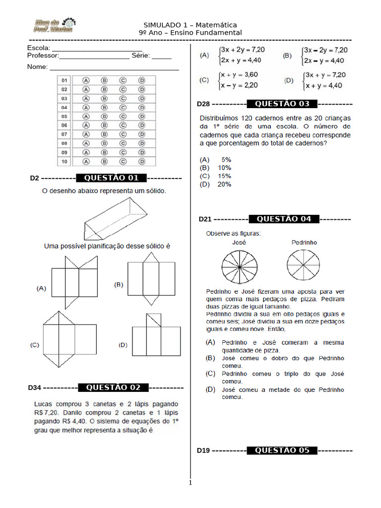 Simulado 01 (Mat. 9º Ano - Blog Do Prof. Warles) | PDF