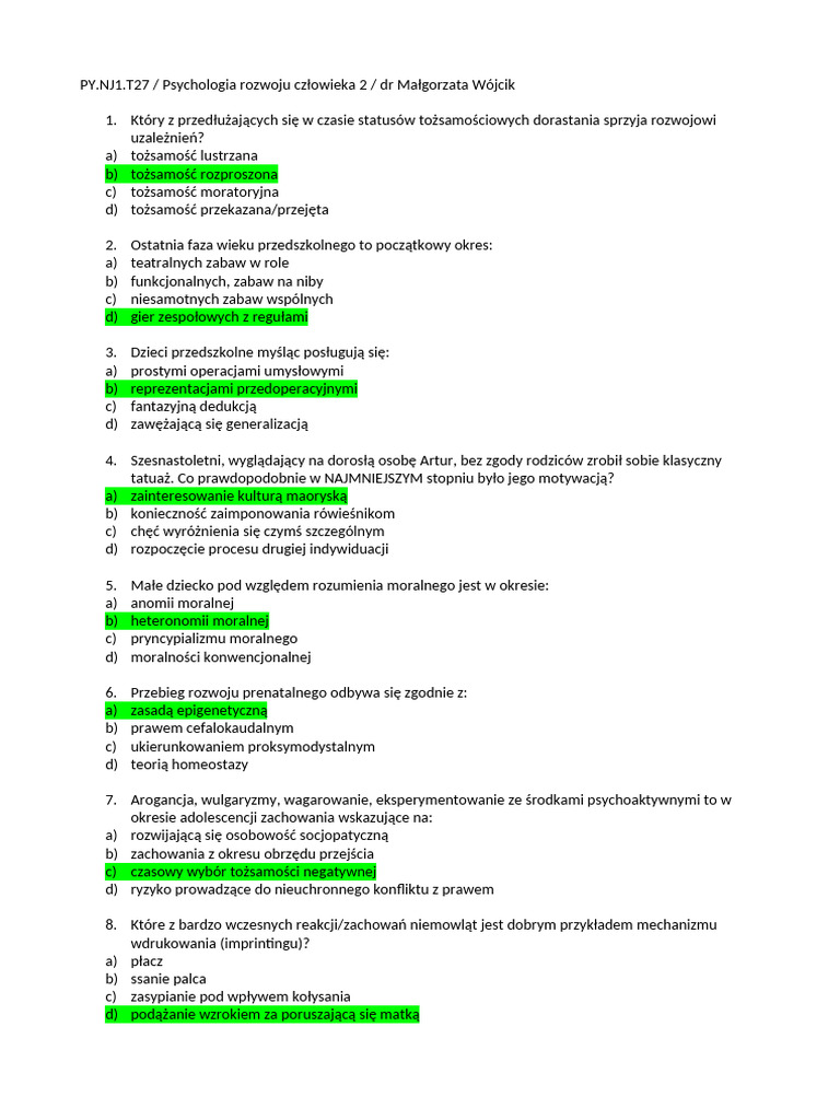 PY - NJ1.T27 - Psychologia Rozwoju Człowieka 2 | PDF
