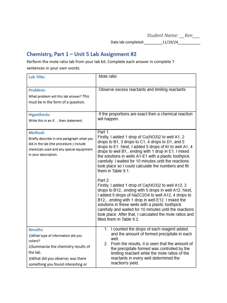 Mole Ratio Lab: Reactants Analysis | PDF | Physical Sciences | Chemical ...