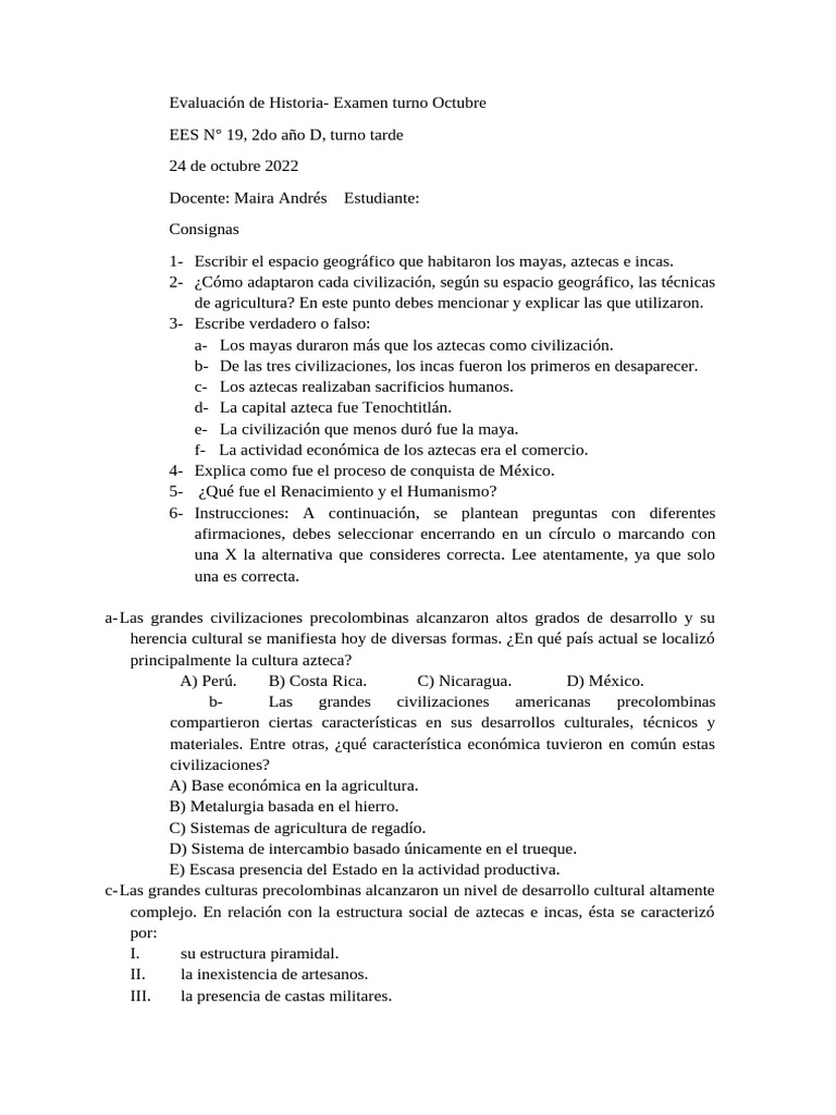 Evaluación de Historia para Intensificar El Primer Cuatrimestre EES 19 | PDF | Era precolombina ...