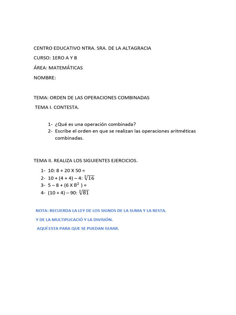 Orden de Las Operaciones Aritmetica. | PDF