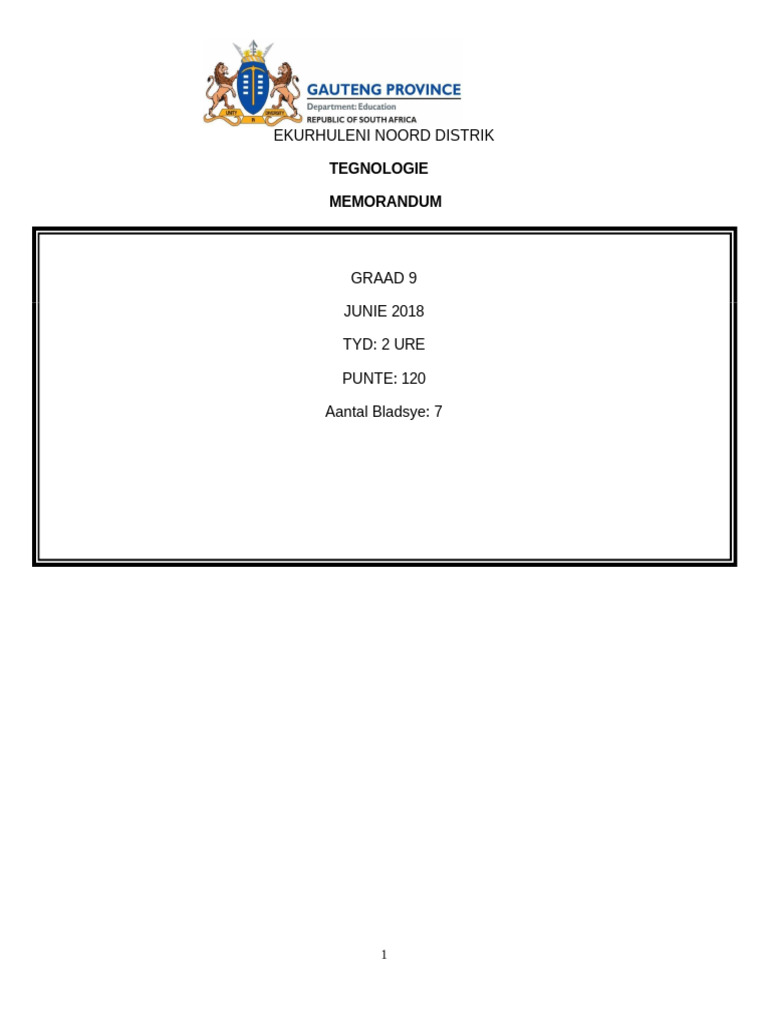 Teg Graad 9 Junie Memo 2018 | PDF