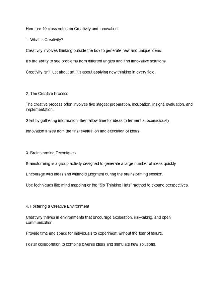 10 Class Notes On Creativity and Innovation | PDF | Creativity ...