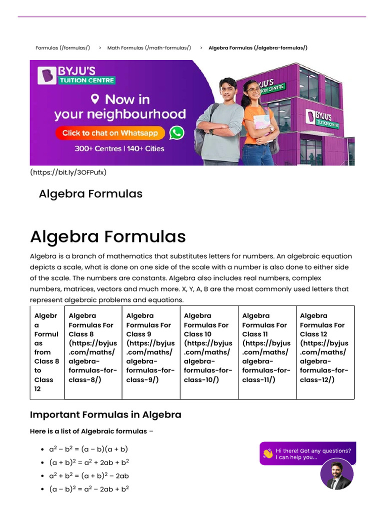 Algebra Formulas - List of Algebraic Expressions in Maths | PDF ...